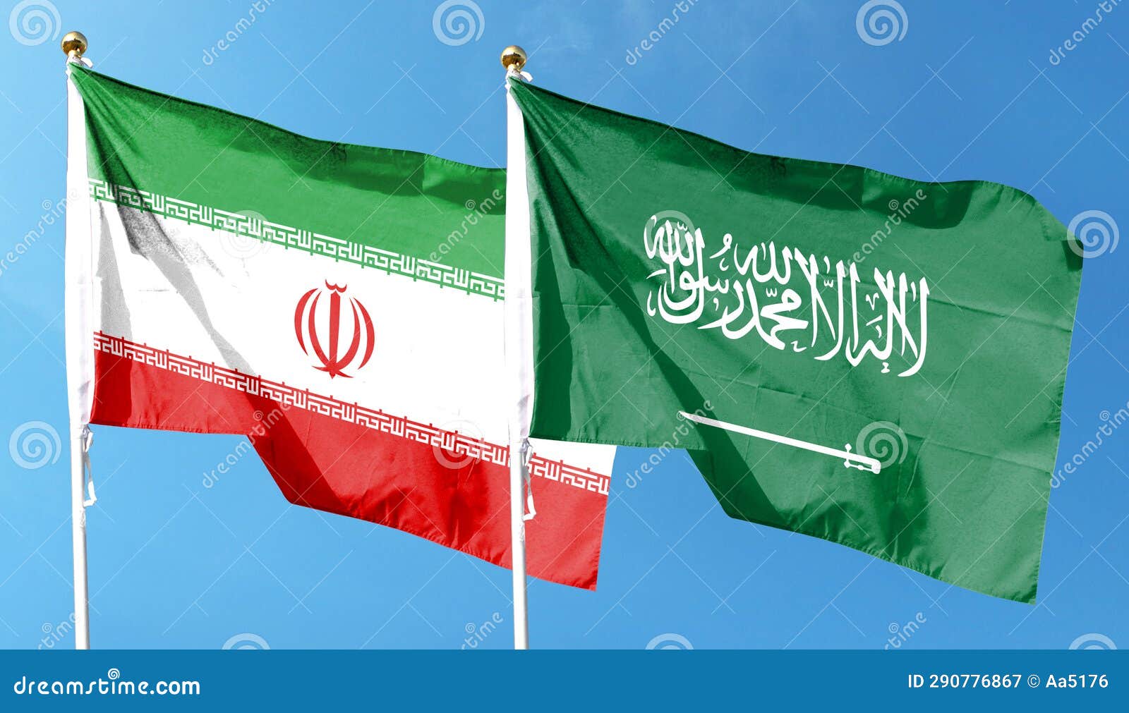 Saudi Arabia Flag and Iran Flag on Cloudy Sky. Stock Image - Image of ...
