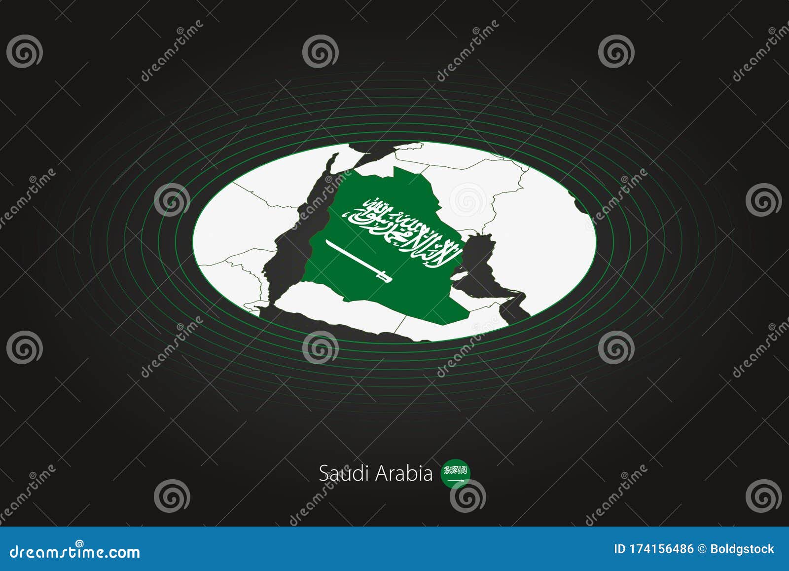 Saudi Arabia Map in Dark Color, Oval Map with Neighboring Countries ...
