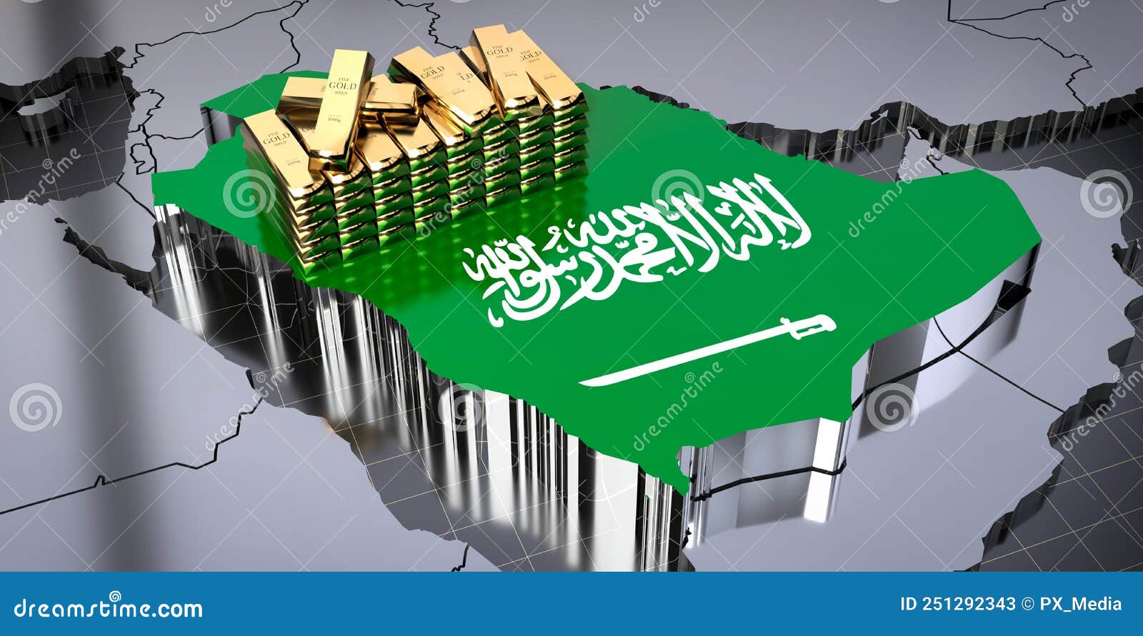 Saudi Arabia Map and Flag, Gold Ingots - 3D Illustration Stock ...