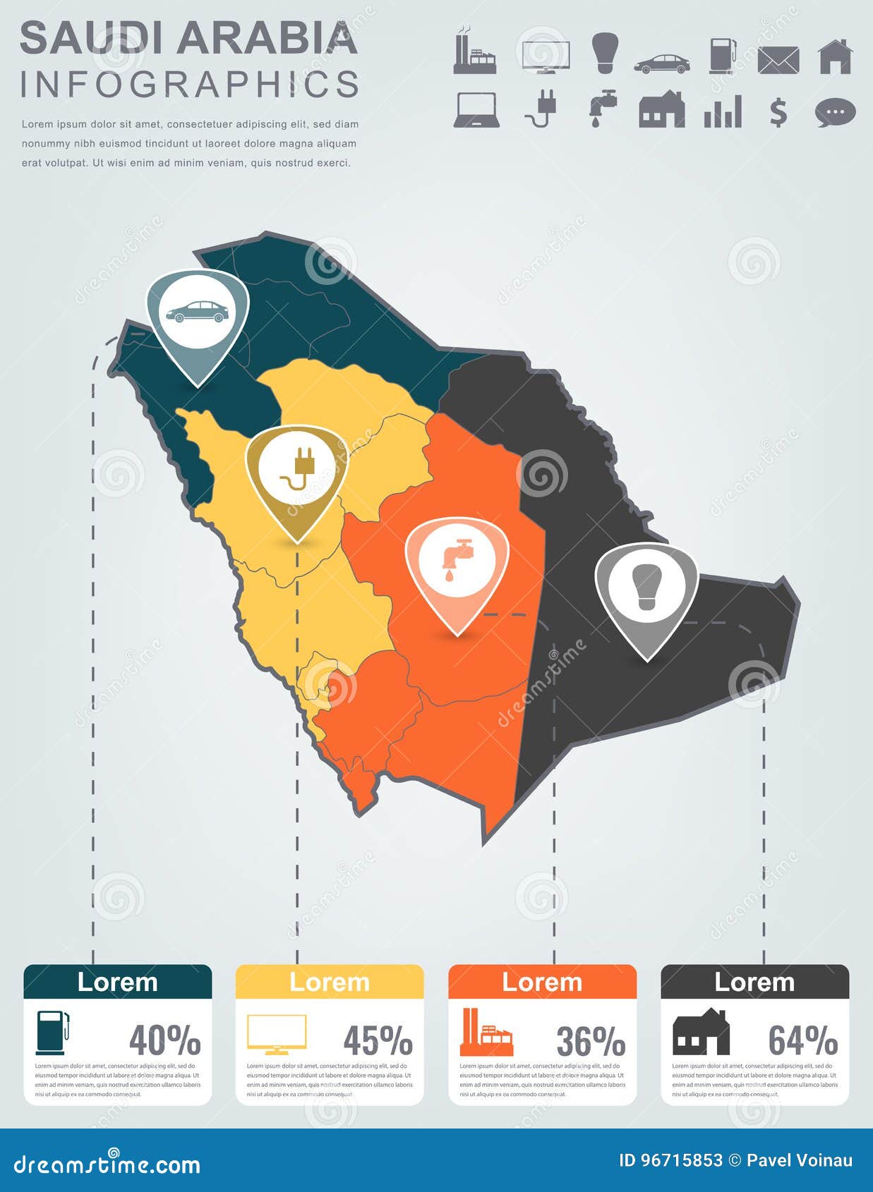 Saudi Arabia Map with Infographic Elements. Infographics Layouts Stock ...