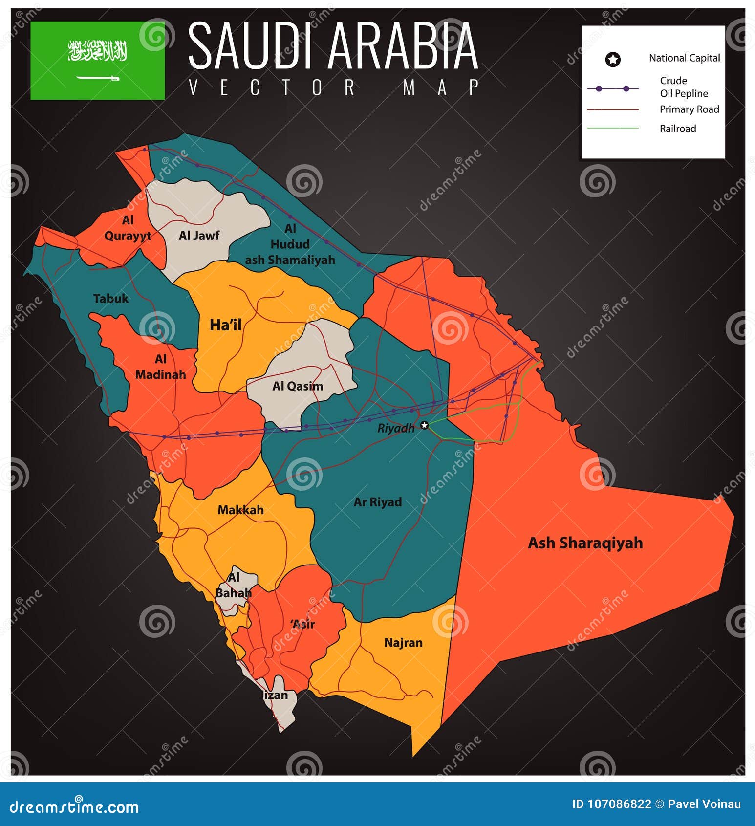 Saudi Arabia Map with Selectable Territories. Vector Stock Vector ...