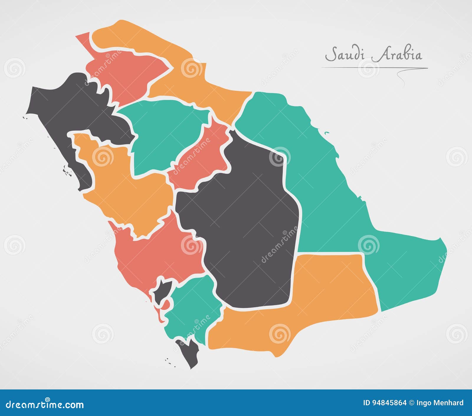 Saudi Arabia Map with States and Modern Round Shapes Stock Vector ...