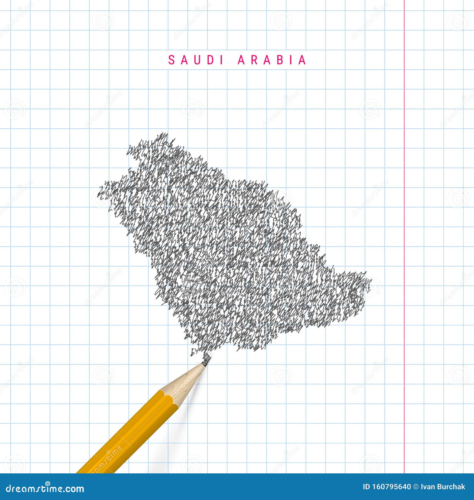 Saudi Arabia Sketch Scribble Vector Map Drawn on Checkered School ...