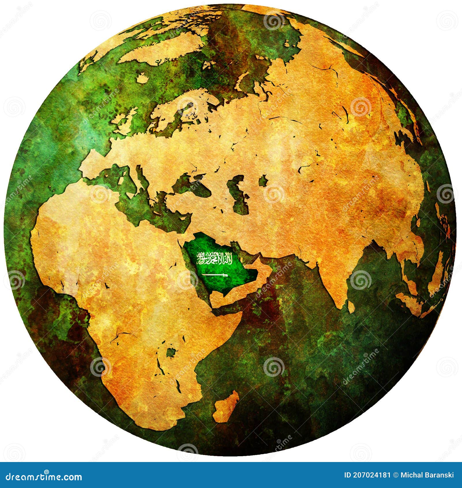 Saudi Arabia Flag on Globe Map Stock Illustration - Illustration of ...