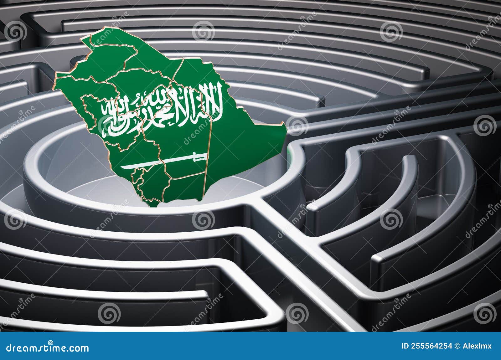 Saudi Arabian Map Inside Labyrinth, 3D Rendering Stock Illustration ...