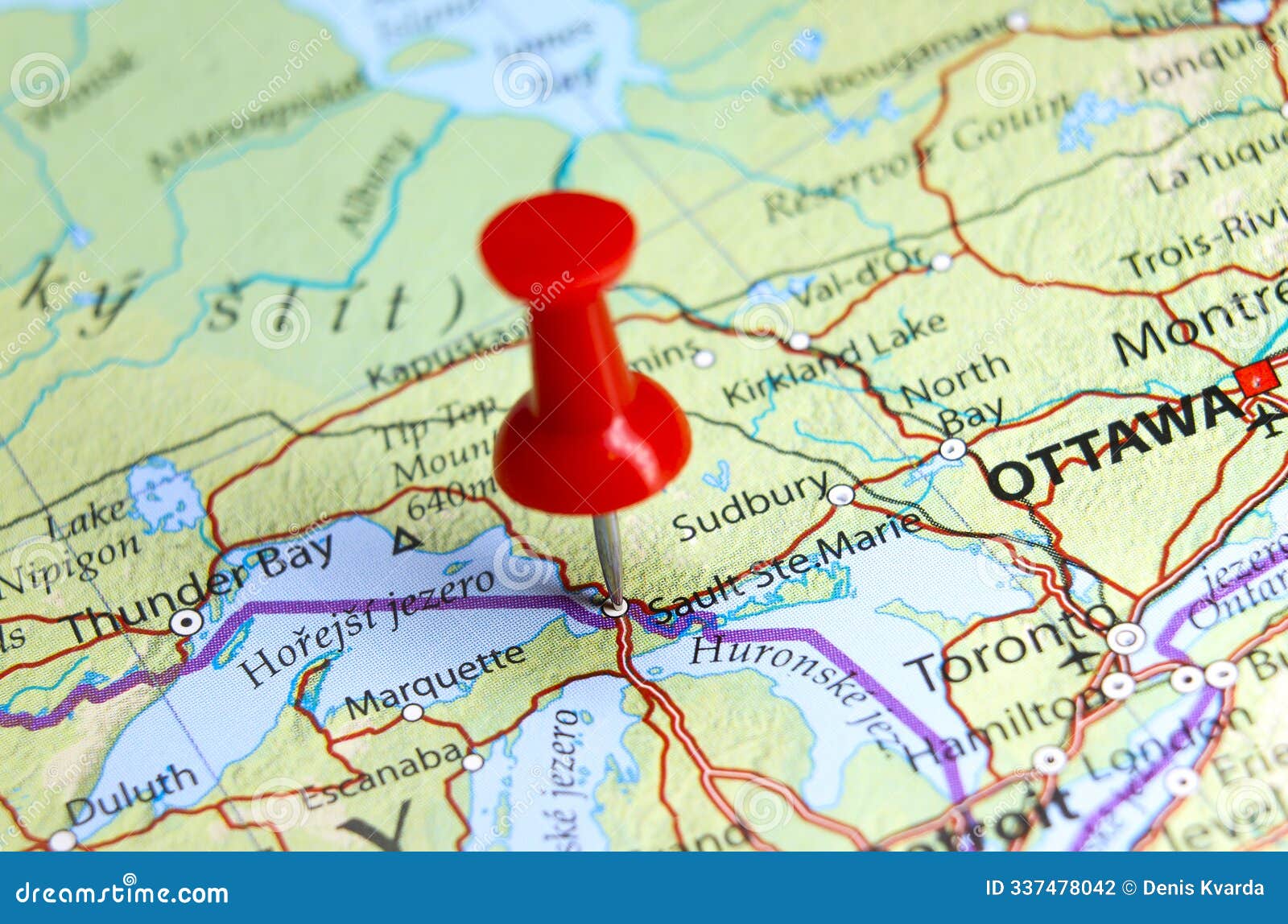 Sault Ste Marie, Canada Pin on Map Stock Photo - Image of city, earth ...