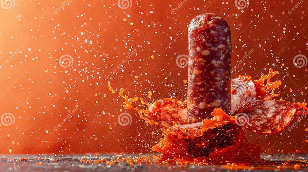 A Sausage Being Splashed with Orange Liquid on a Table, AI Stock Image ...
