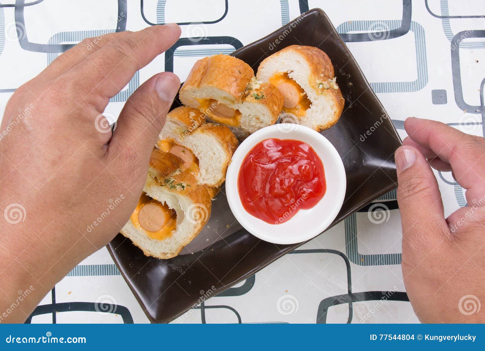 Sausage bread with ketchop stock photo. Image of broad - 77544804