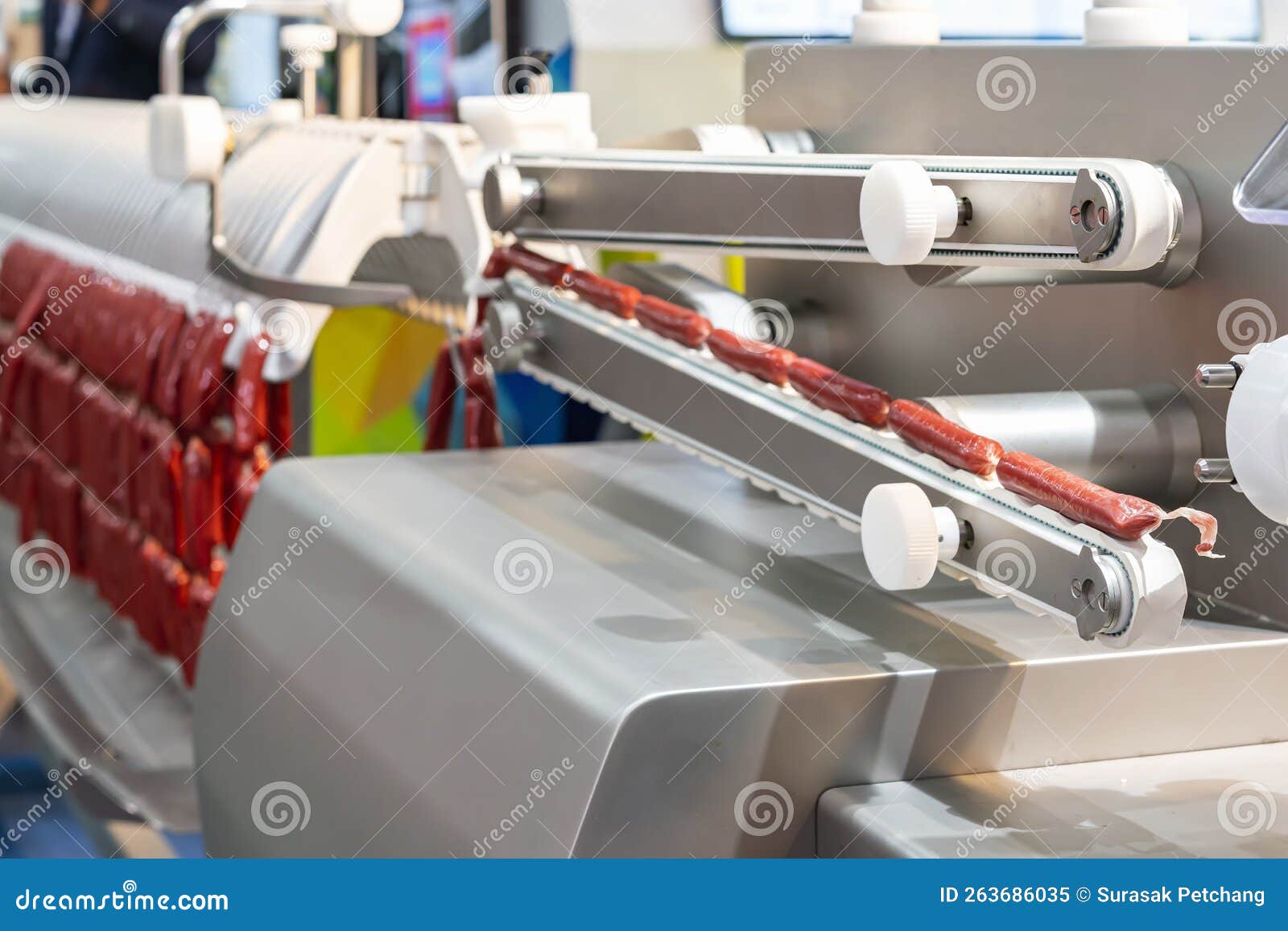 Sausage Chain during Produced by Past on Conveyor System of Automatic ...