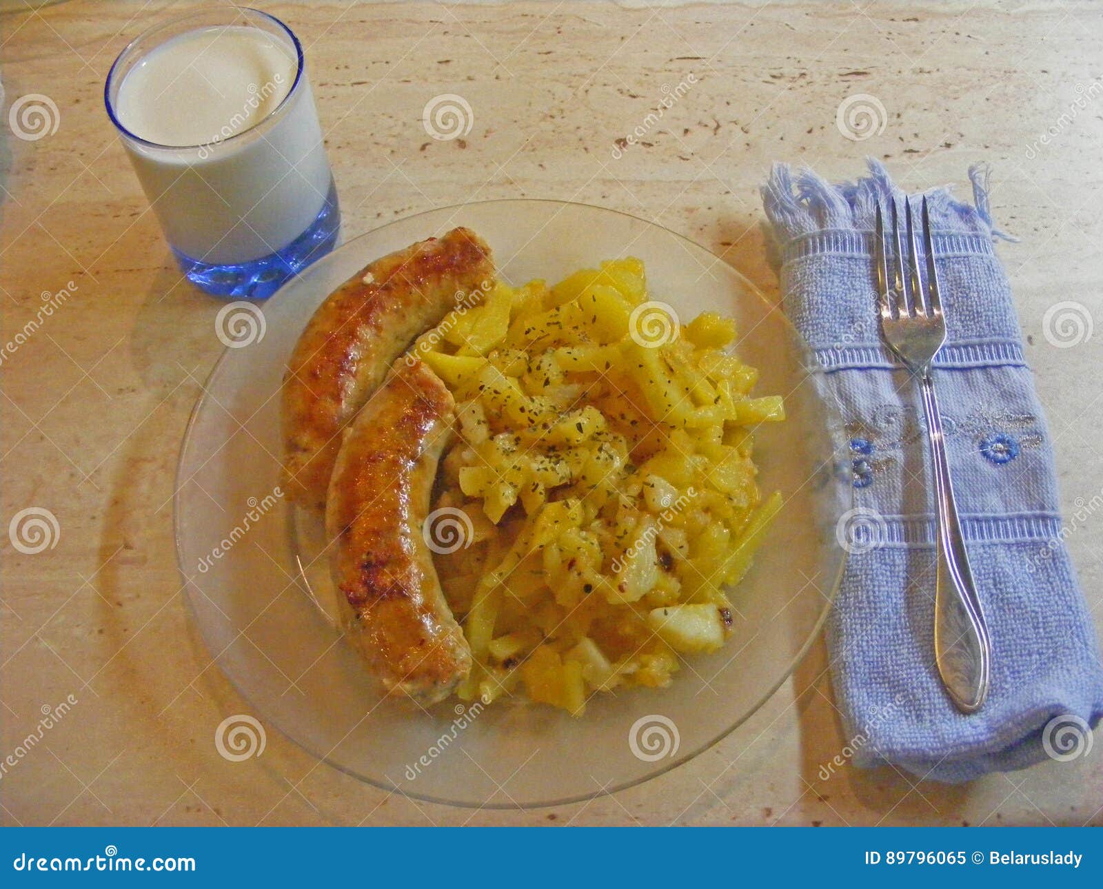 Sausage, fries and milk stock image. Image of fries, meal - 89796065
