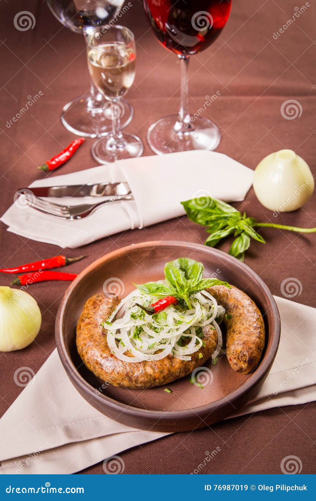Sausage with Onion and Basil Stock Image - Image of plate, dinner: 76987019