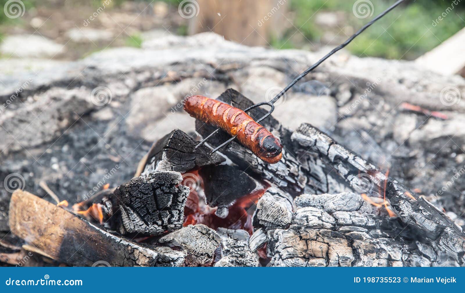 Sausage Roasted Over an almost Extinguished Fire Stock Image - Image of ...