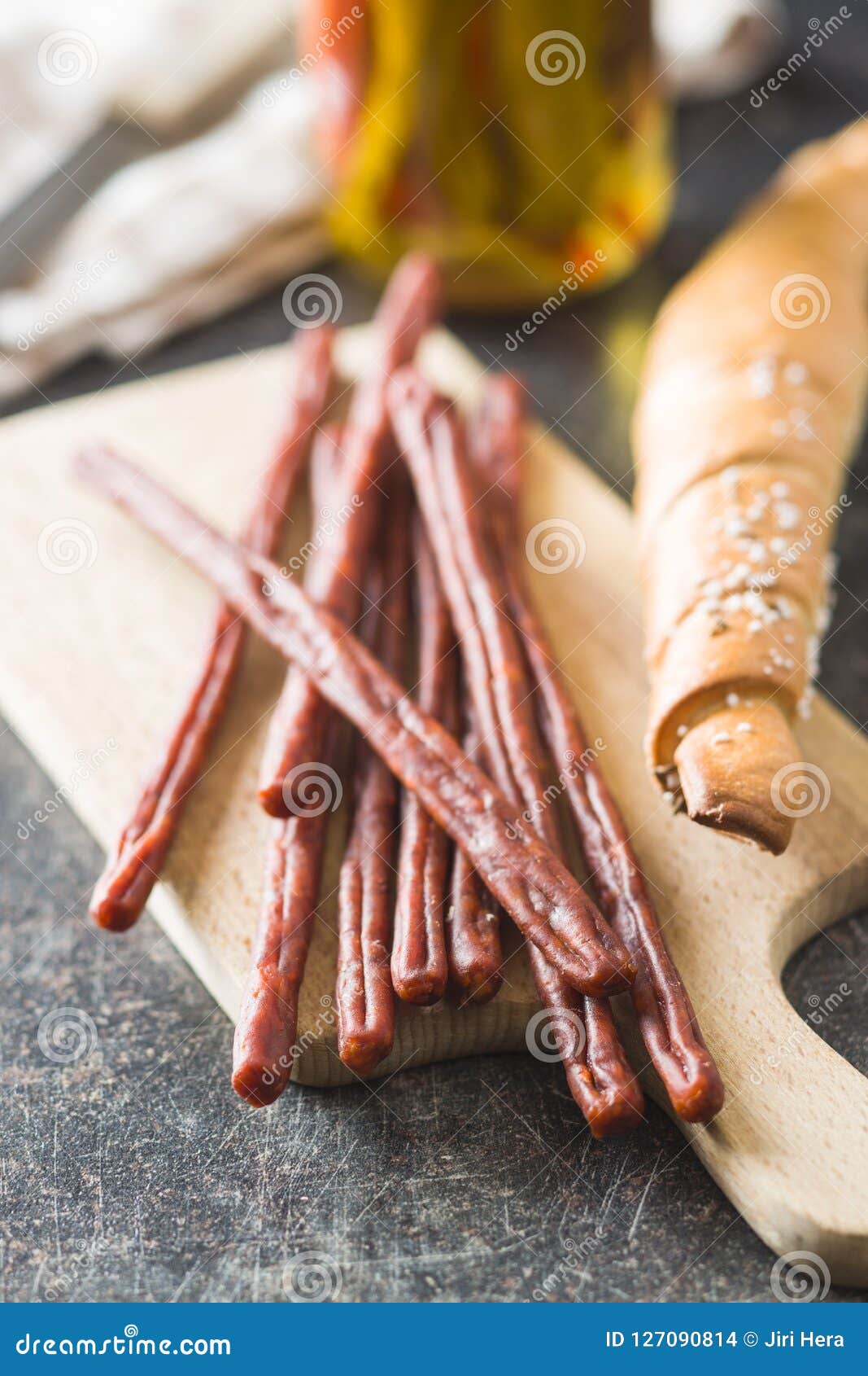 Sausage sticks snack. stock photo. Image of delicatessen - 127090814