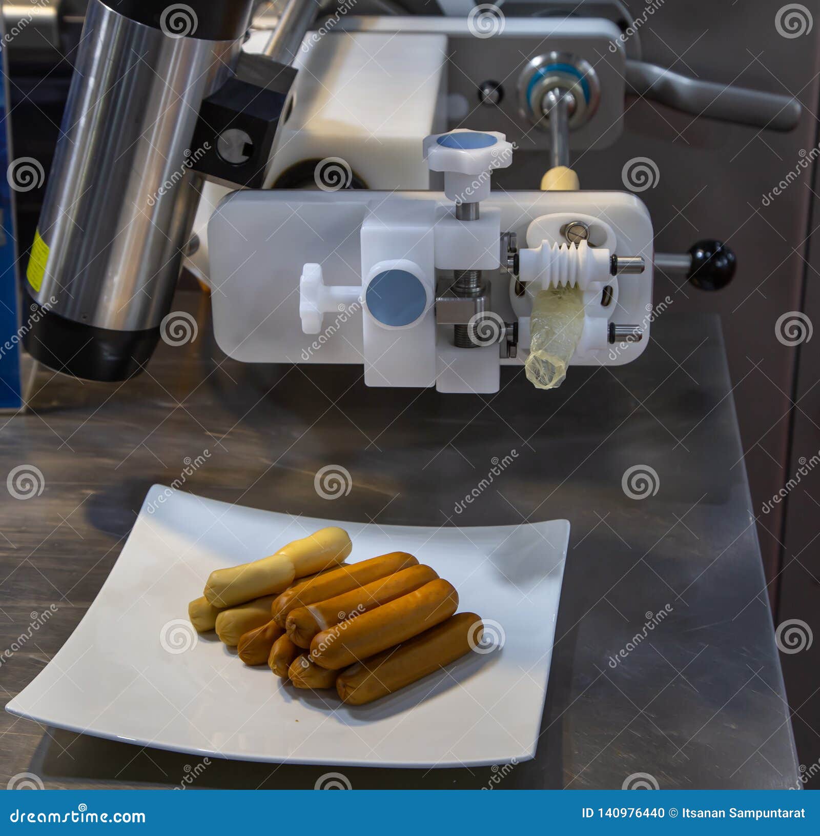 Sausage stuffing machine stock photo. Image of industrial - 140976440