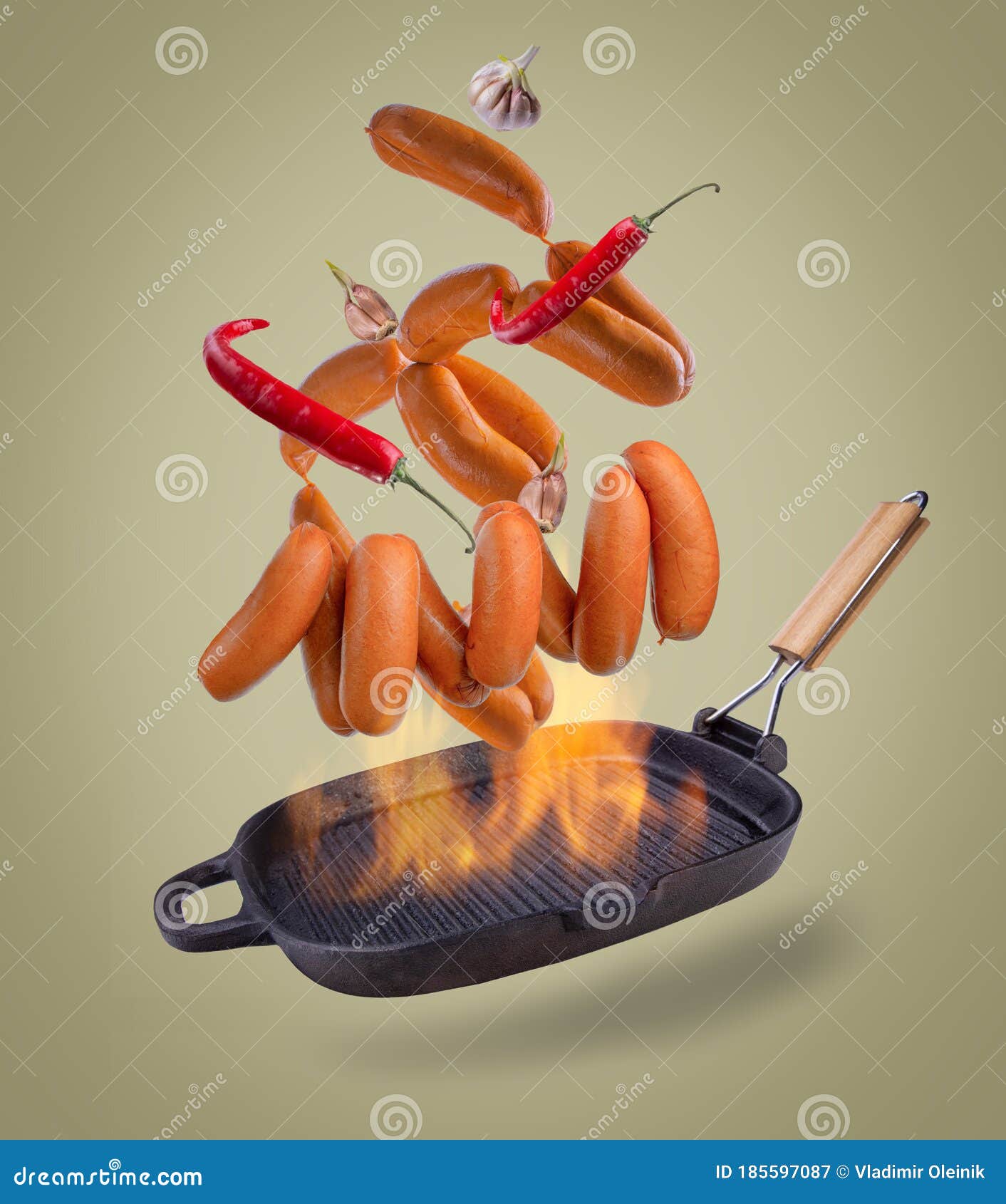 Sausages Falling On The Burning Grill Grate And Tongues Of Fire Flame ...