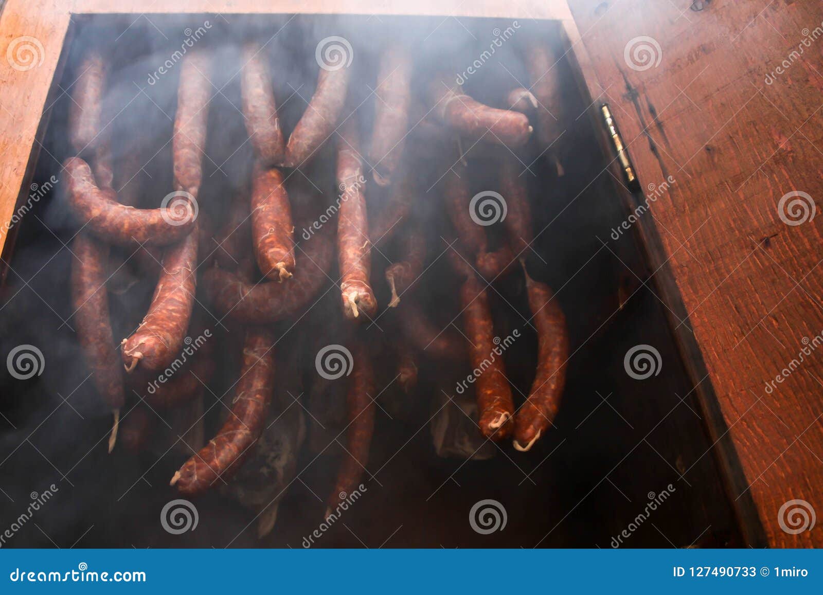 Sausages Inside Wooden Smokers Stock Image - Image of meatfood ...