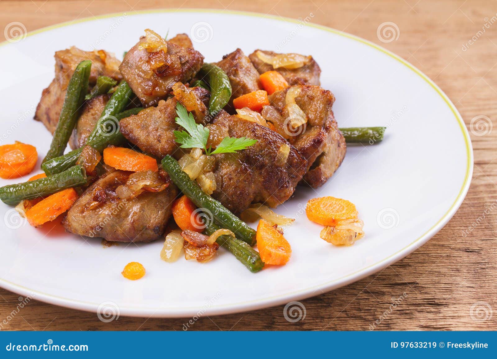 Sauteed Liver with Vegetables on White Plate. Stock Image - Image of ...