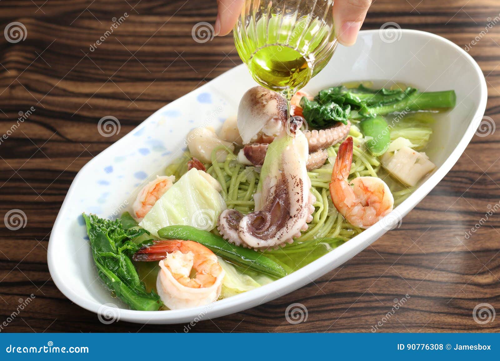 Sauteed Octopus with Shrimp, Noodle, Green Bean, Cabbage and Oil Stock ...