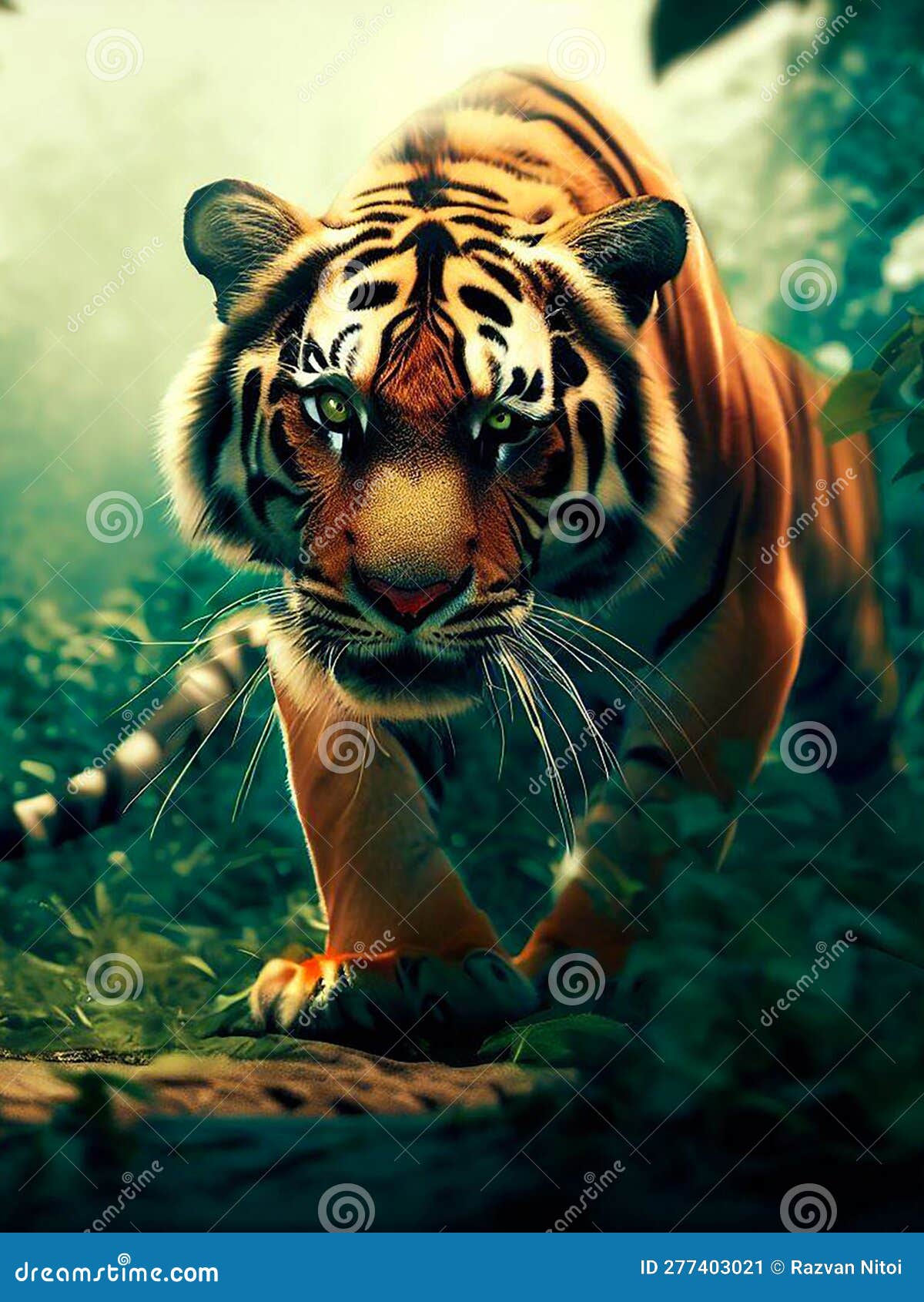 Savage Tiger Stalking and Ready To Attack in the Jungle Stock ...