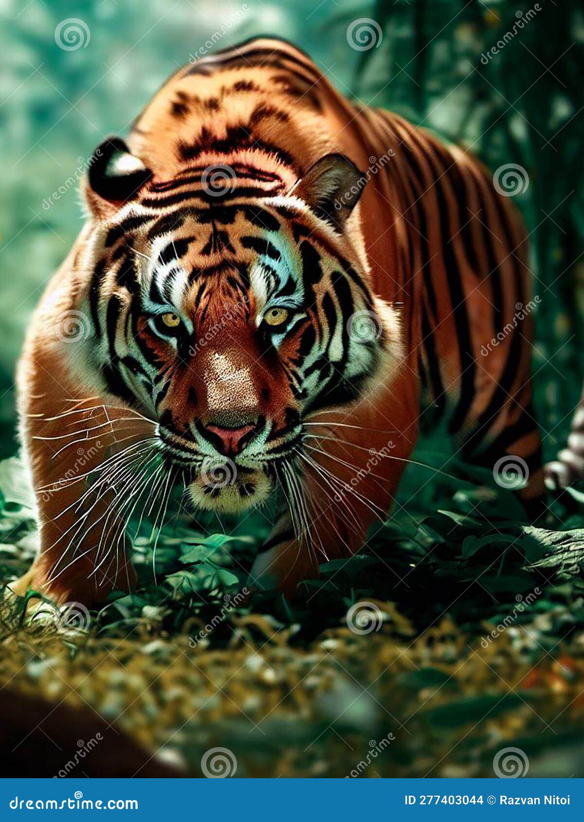 Savage Tiger Stalking and Ready To Attack in the Jungle Stock ...