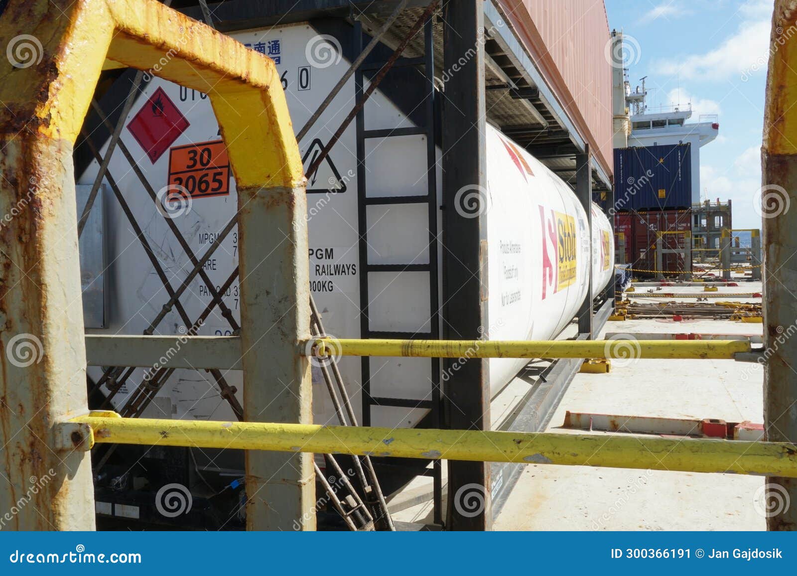 Secured White Iso Tank Container on Deck of Container Ship with Red ...
