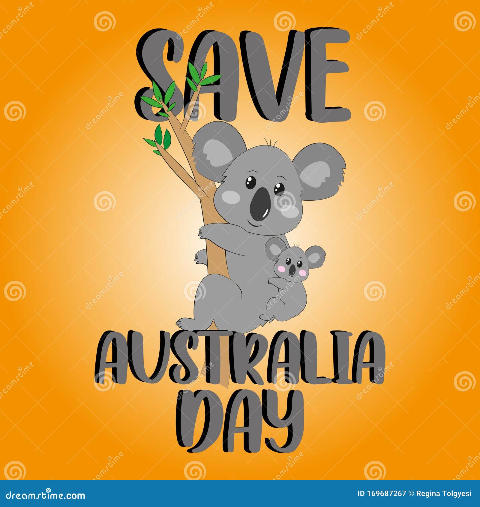 Save Australia Day- Text with Cute Koalas with Eucalyptus Tree. Stock ...
