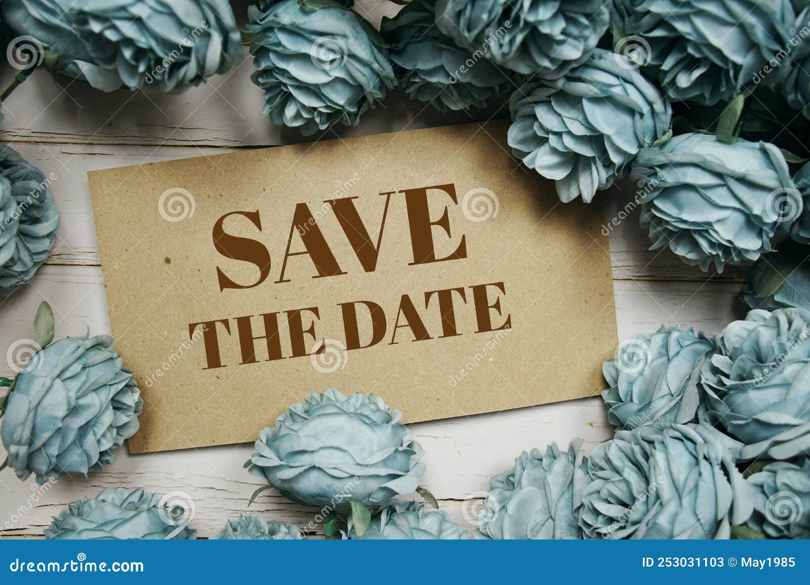 Save the Date Typography Text Message with Blue Roses Flower Bouquet on ...