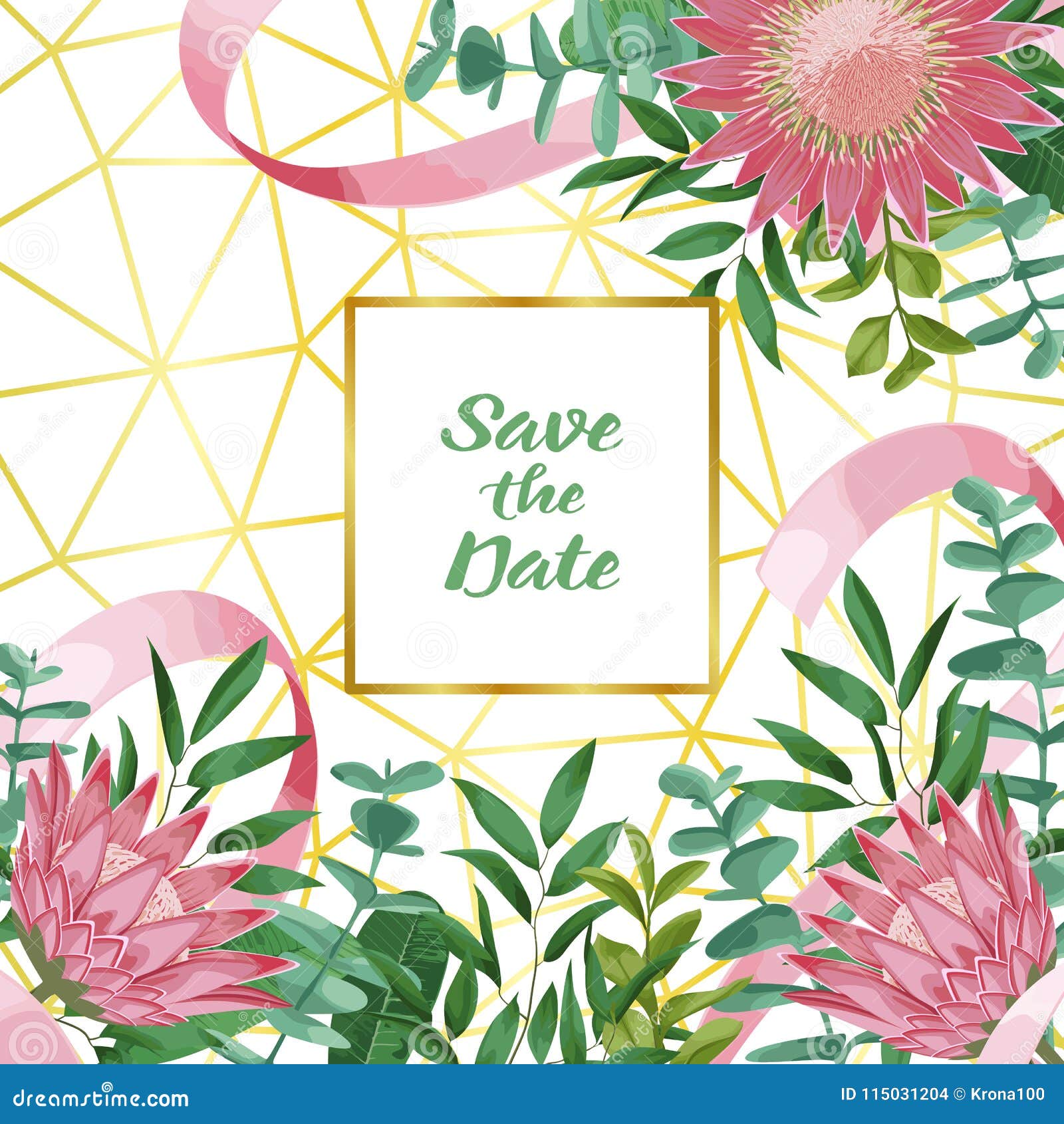 Save the Date with Geometric Frame and Greenery Stock Vector ...