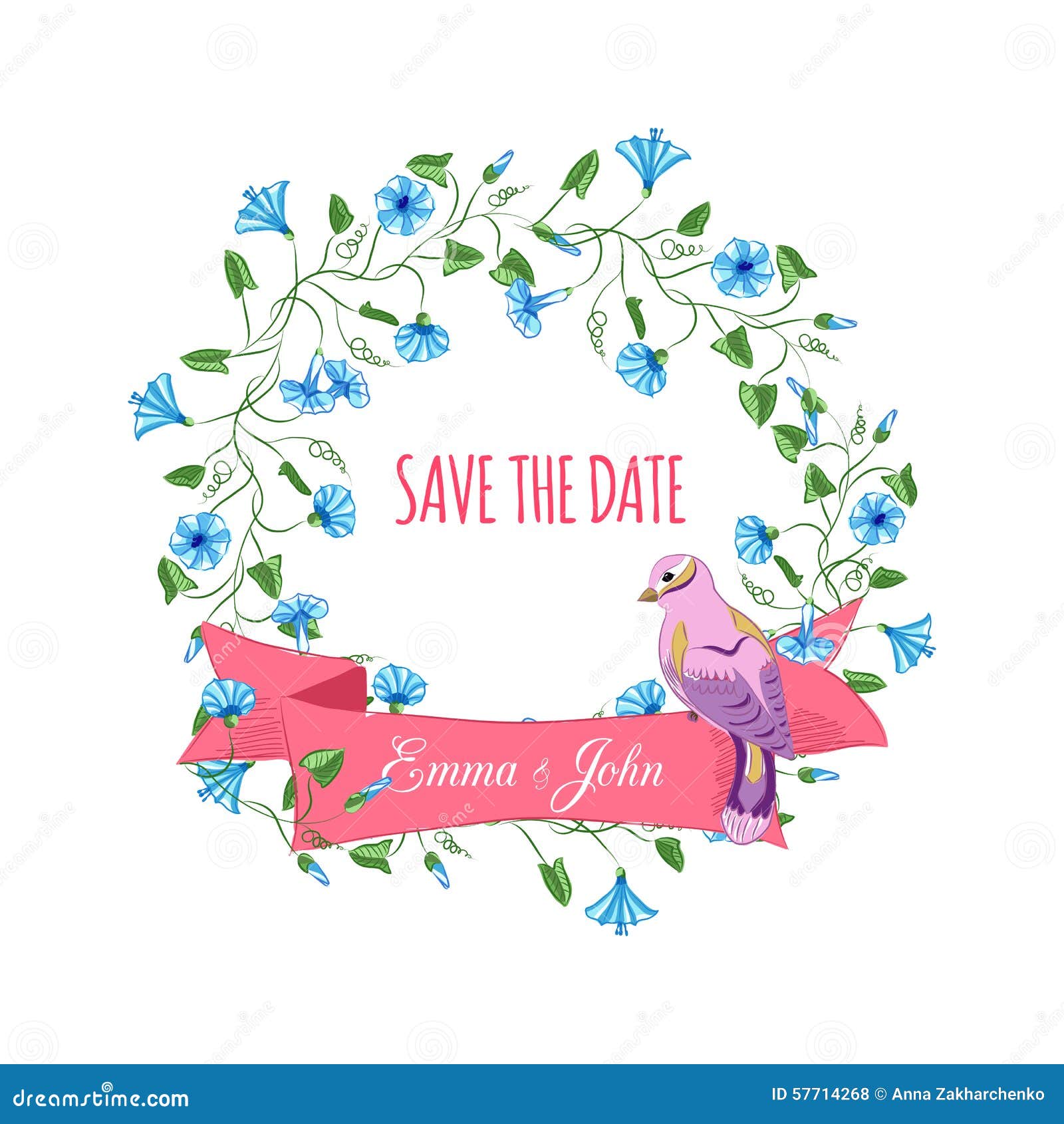 Save the Date Hand Drawn Floral Wreath with Ribbon Stock Vector ...