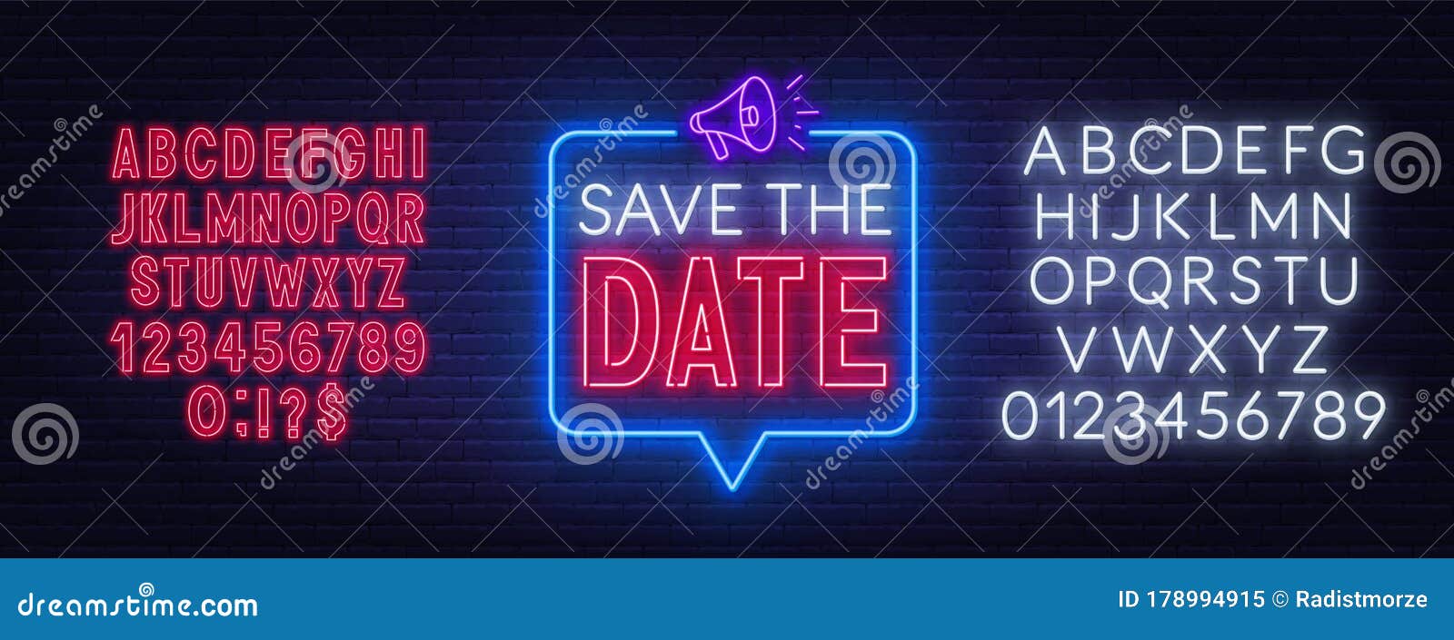 Save the Date Neon Sign on Brick Wall Background. Stock Vector ...