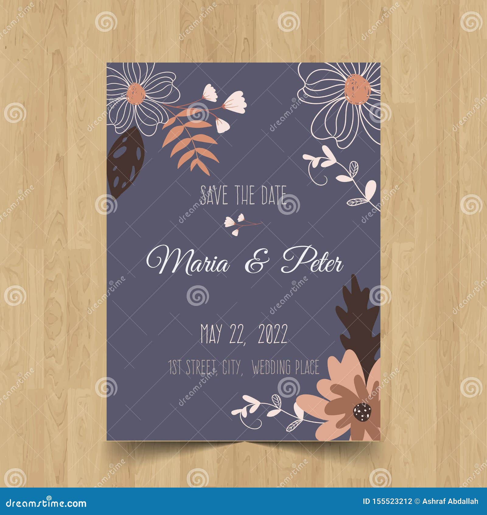 Save the Date Wedding Invitation Card Design with Flower Stock Vector ...