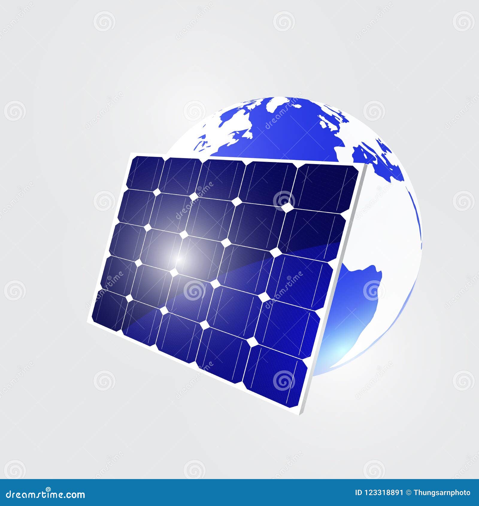 Save Earth Concept Solar Panel and Sphere World Map Stock Illustration ...