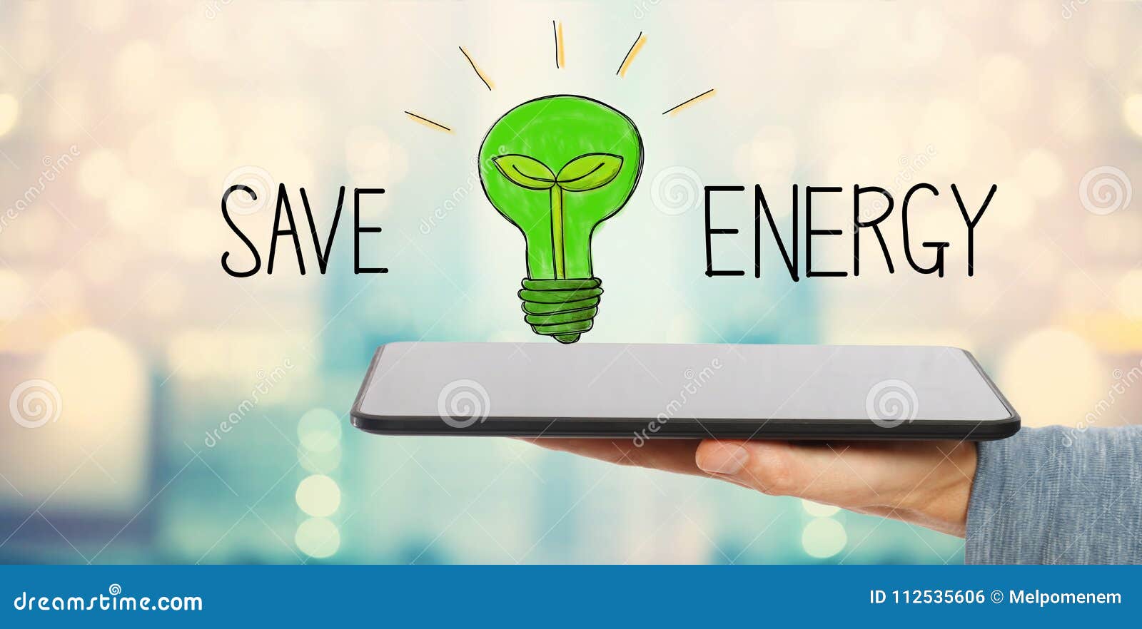 Save Energy with Man Holding a Tablet Stock Photo - Image of cartoon ...
