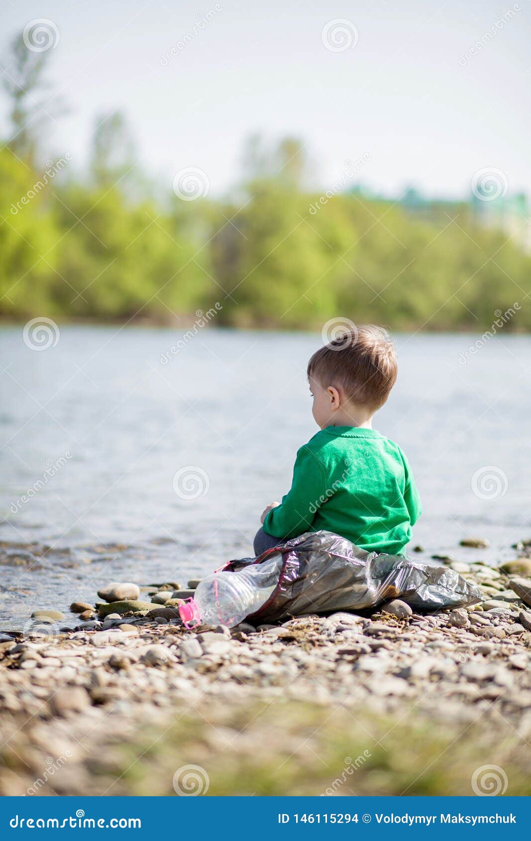 Save Environment Concept, a Little Boy Collecting Garbage and Plastic ...