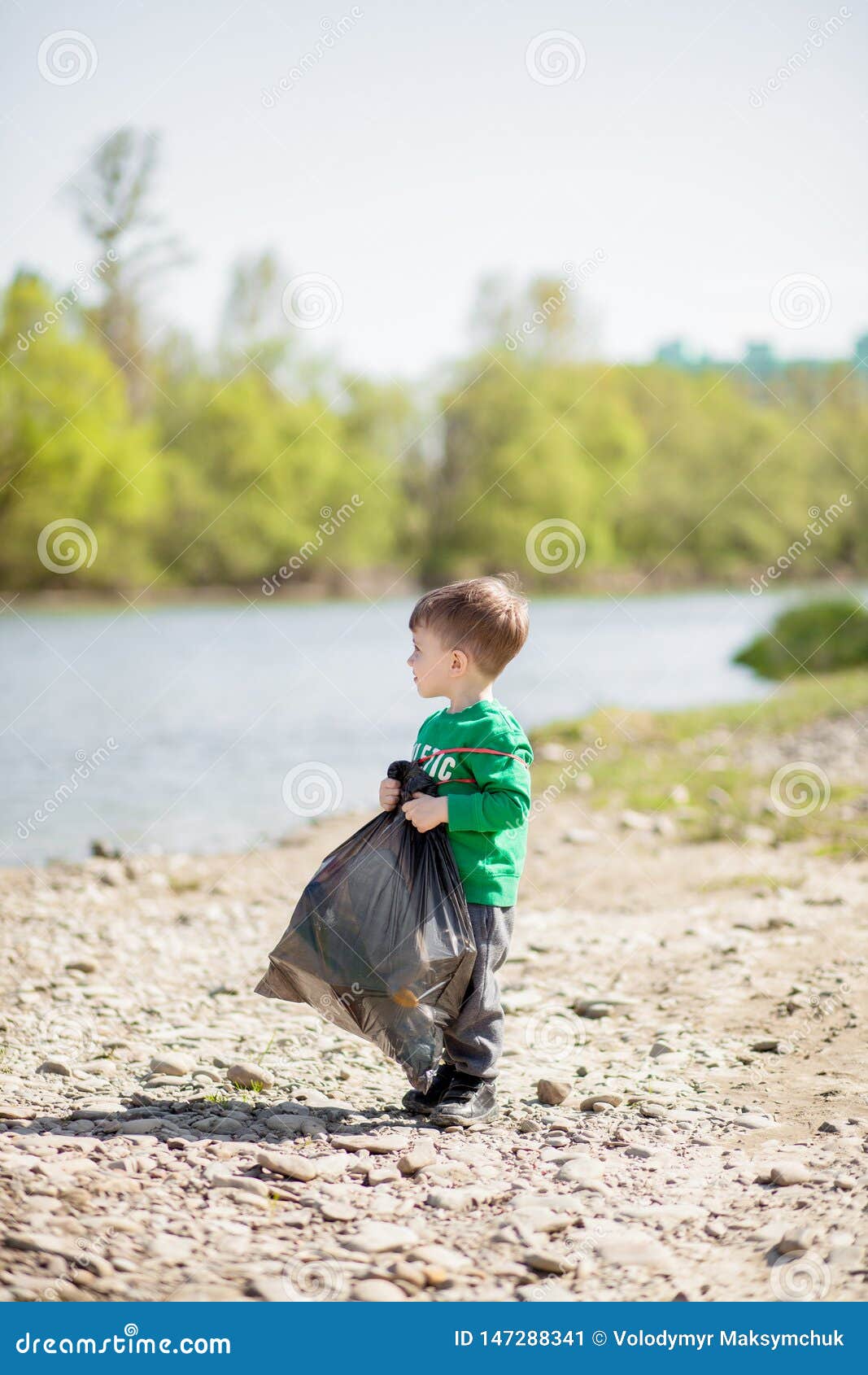 Save Environment Concept, a Little Boy Collecting Garbage and Plastic ...