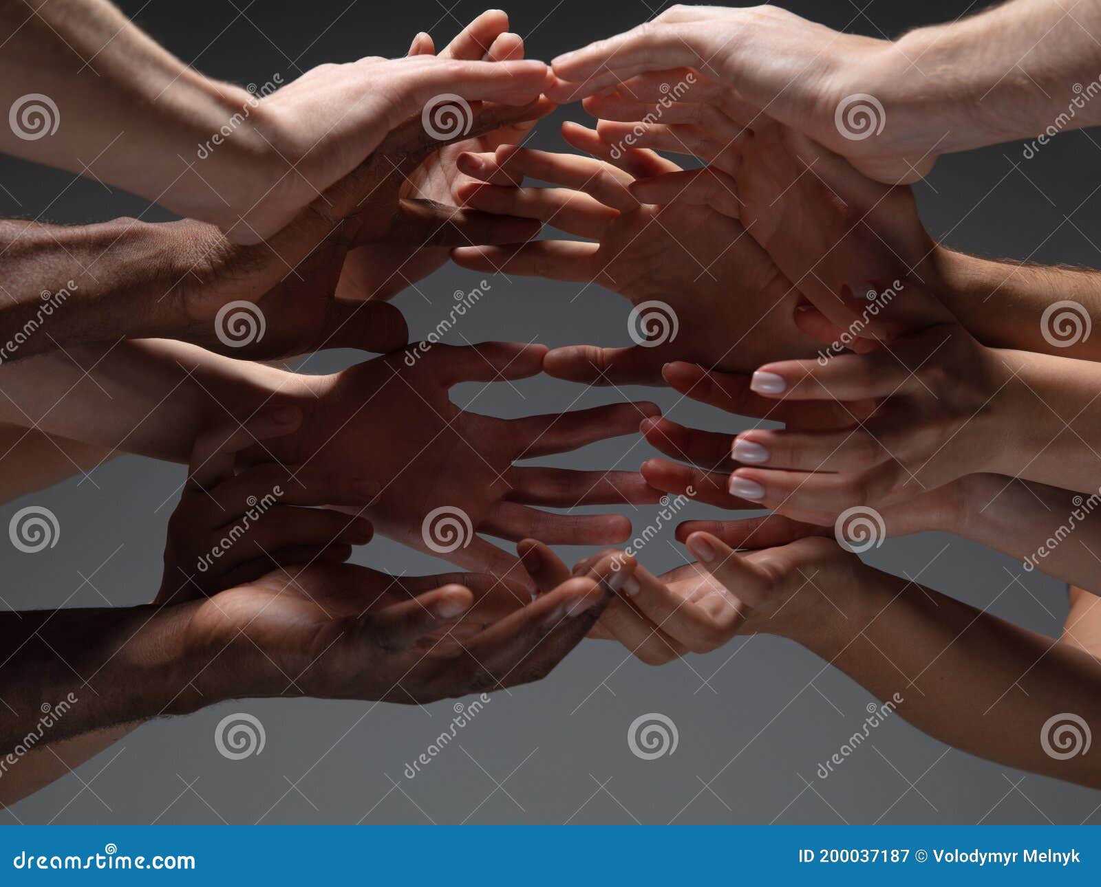 Hands of People`s Crowd in Touch Isolated on Grey Studio Background ...