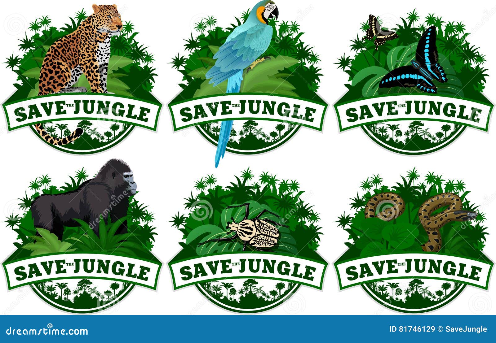 Save Jungle Emblems with Animals Set Stock Vector - Illustration of ...