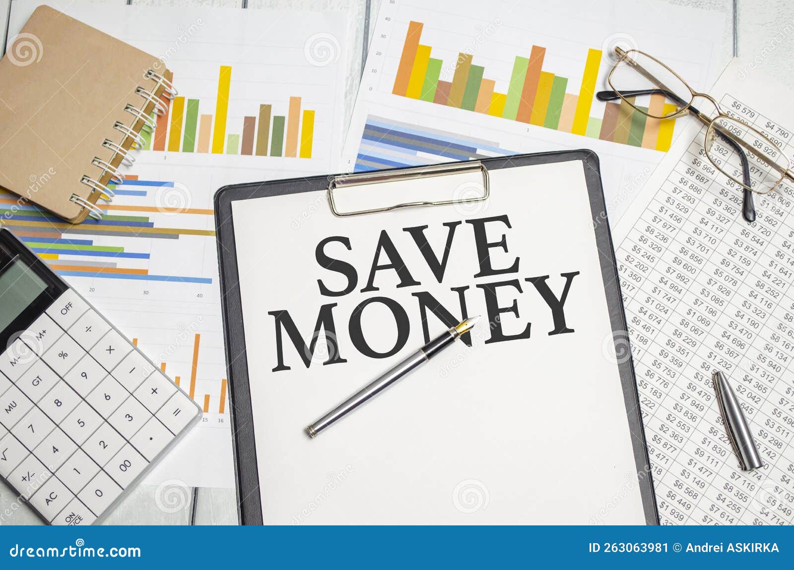 Save Money Words on Paper Tablet with Calculator Stock Image - Image of ...