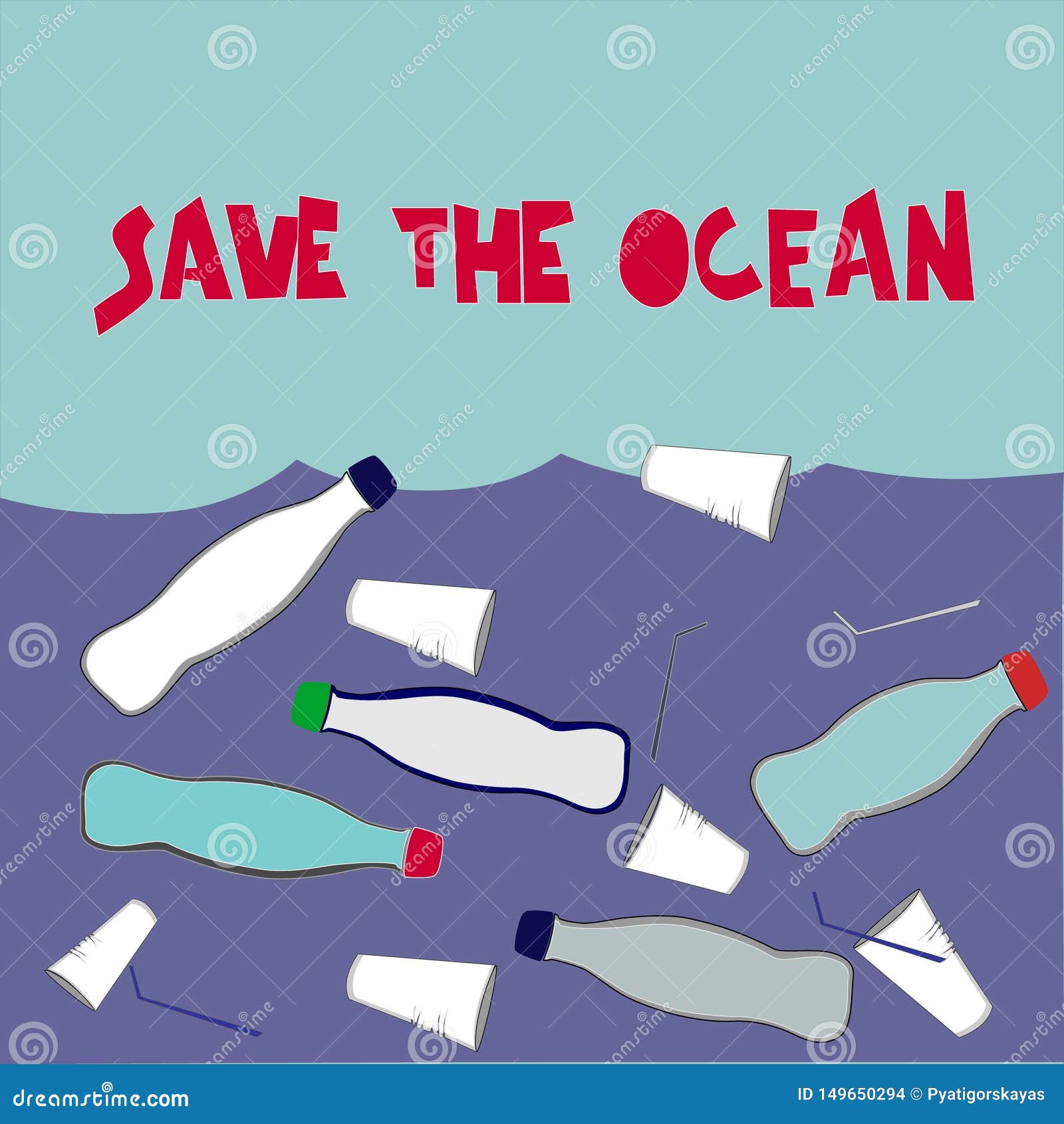 Save The Ocean Illustration On Plastic Pollution Problem Hand Drawn