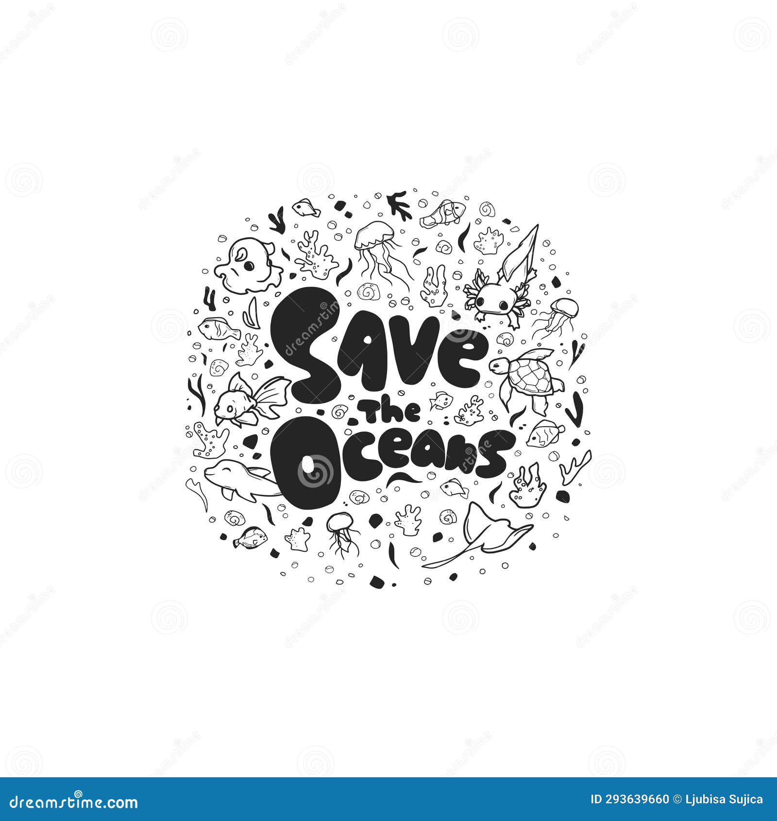 Save the Oceans Sign. Underwater Life Hand Drawn Icon Stock Vector ...