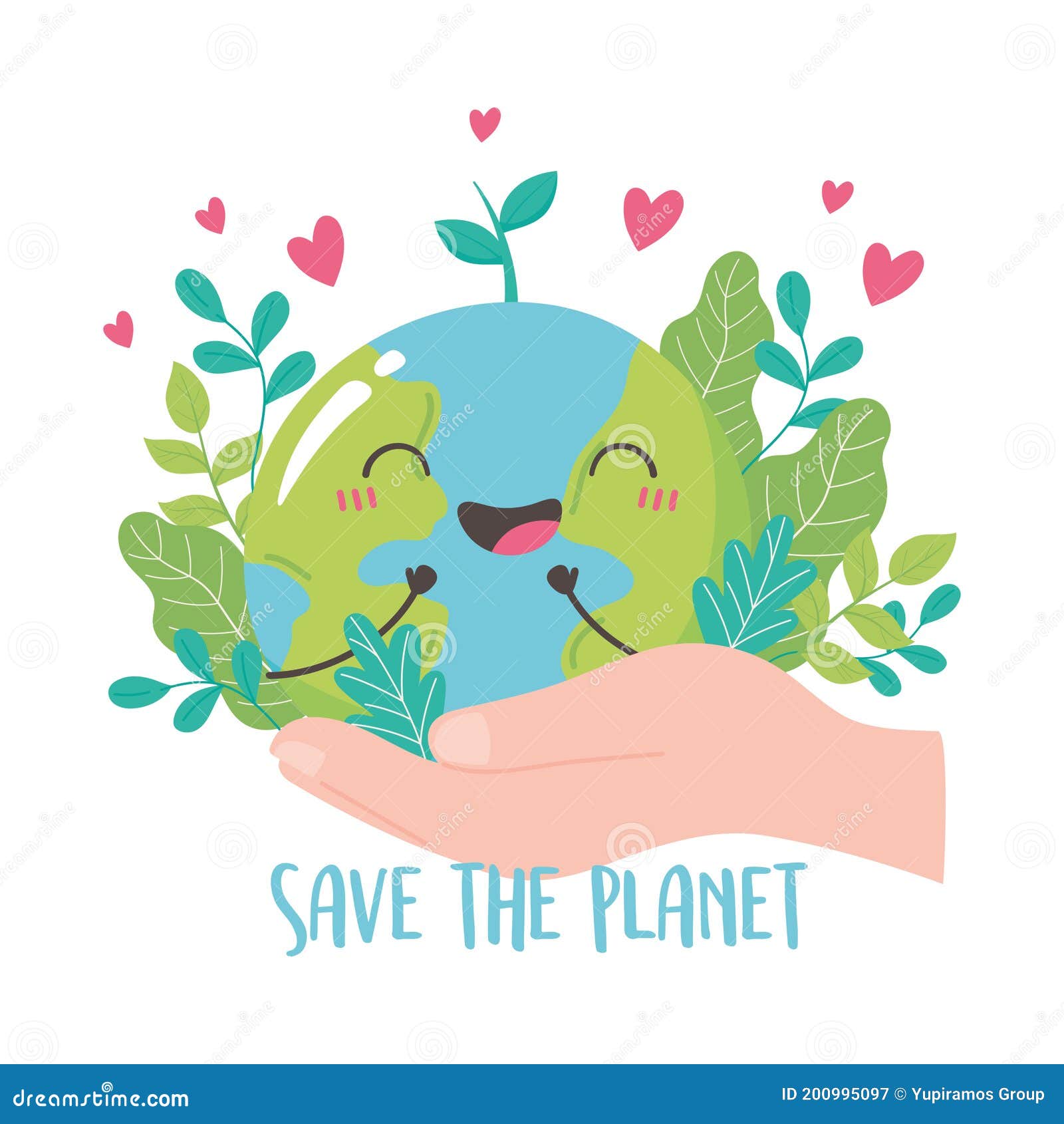 Save the Planet, Hand Holding Cute Earth Map Leaf Hearts Cartoon Stock ...
