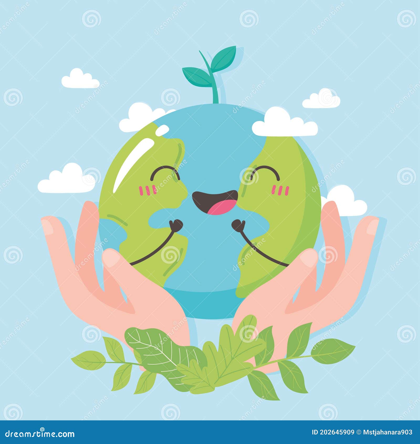 Save the Planet, Hands with Cute Earth Map and Leaves Cartoon Stock ...