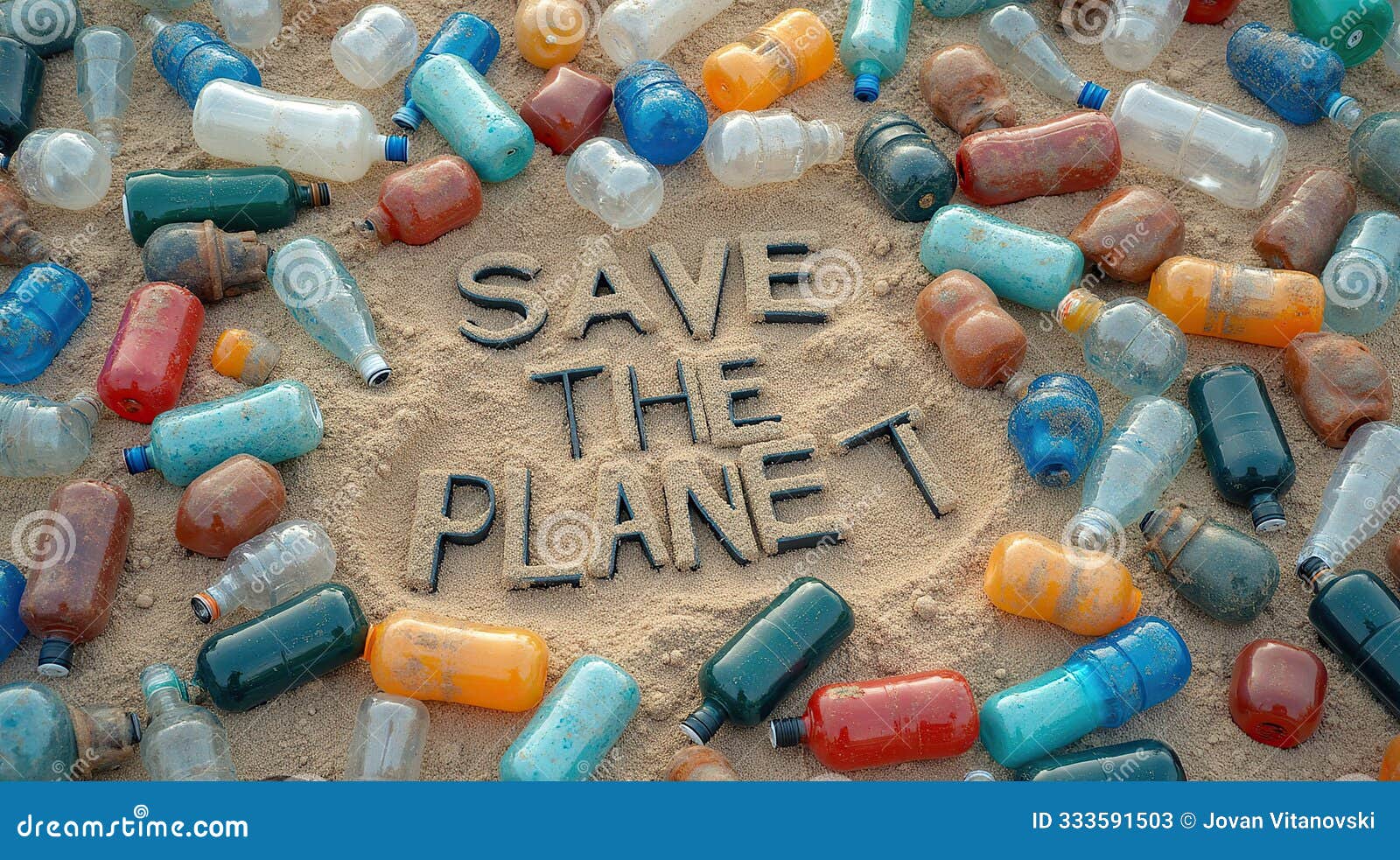 Save the Planet Message Surrounded by Plastic Bottles on Sandy Beach ...