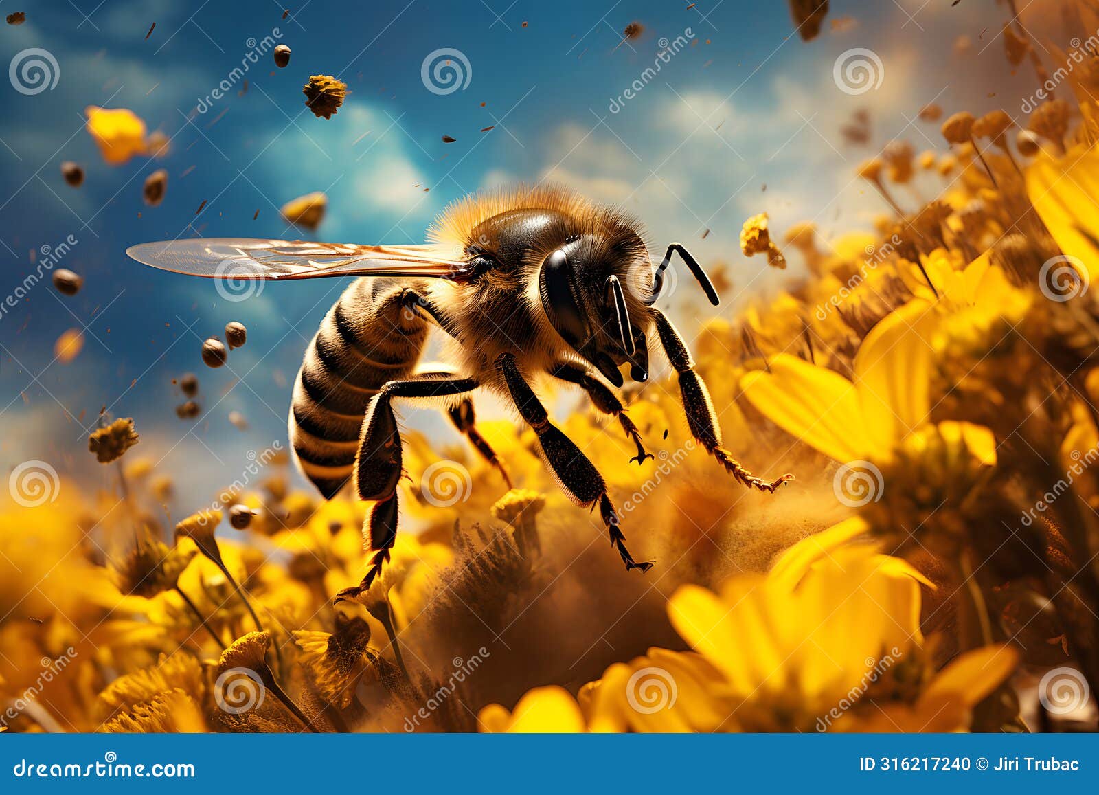 Honey Bee Pollinating A Pink Flower In The Garden. 3d Render Generative ...