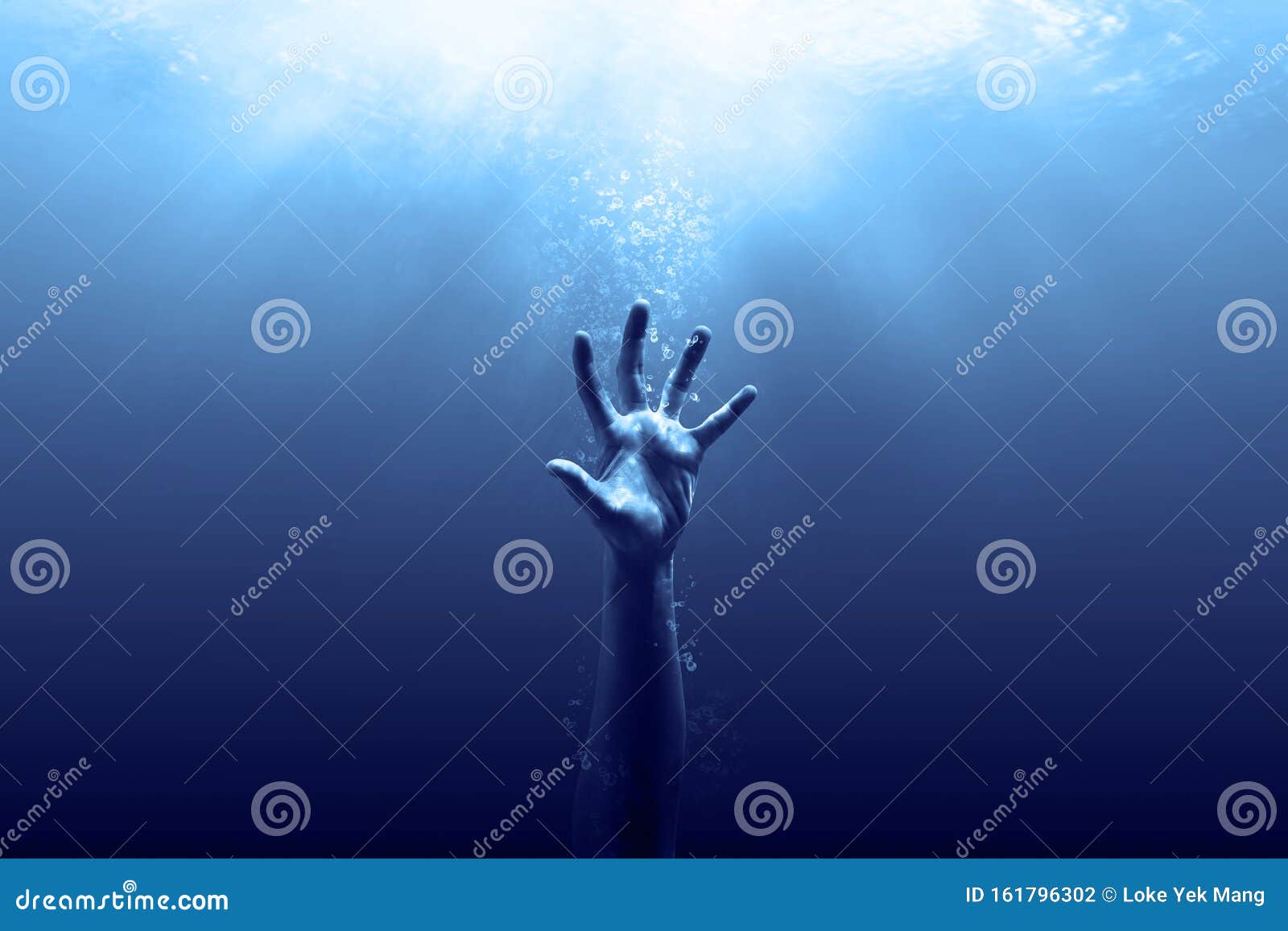 Hand Drowning Abstract Blue Background With Gold Spots Stock Photo ...