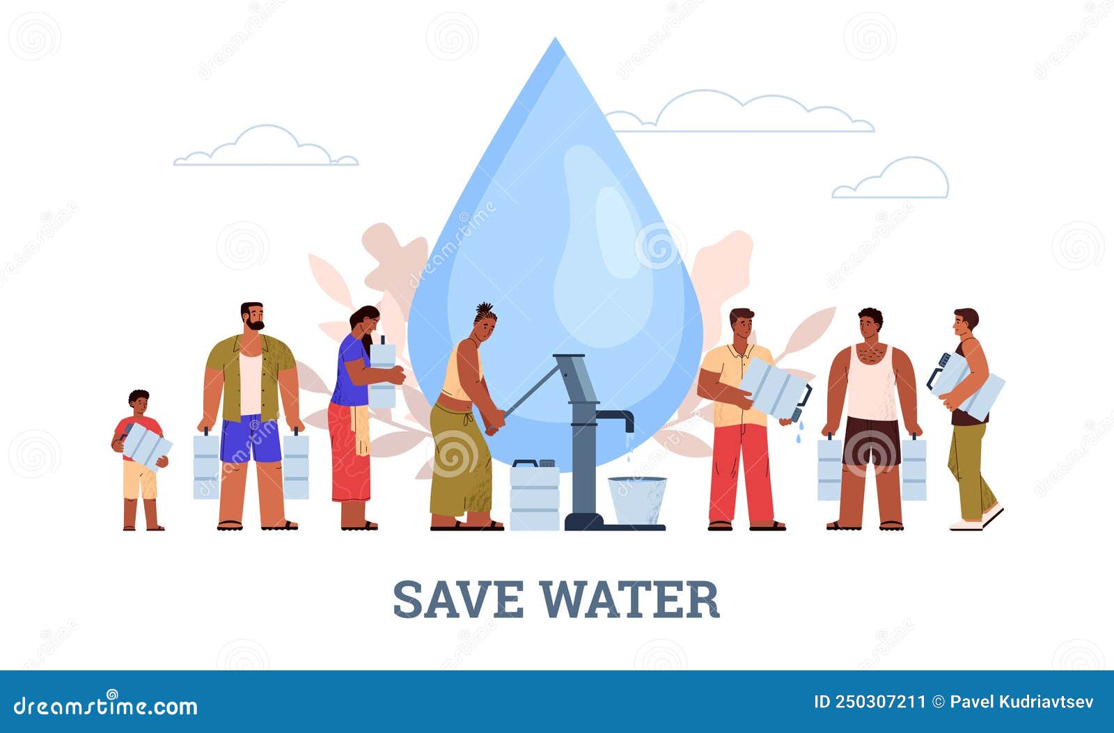 Save Water Banner with People in Queue Pumping Drinking Water, Flat ...