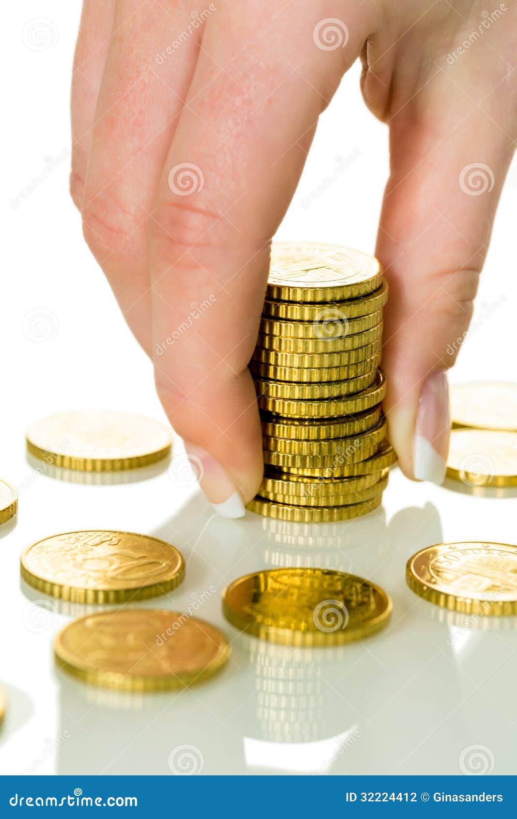 Save Woman with Stack of Coins on Money Stock Photo - Image of piles ...
