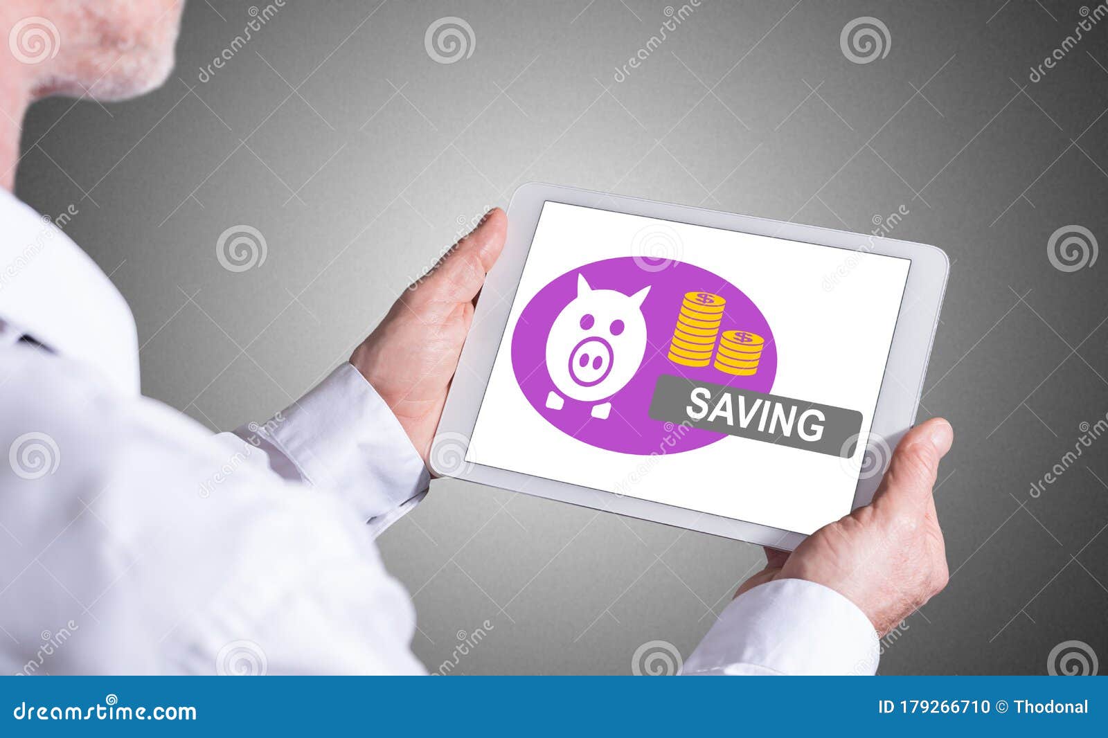 Saving concept on a tablet stock photo. Image of saving - 179266710