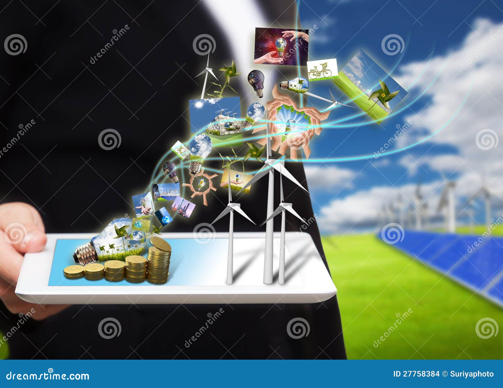 Saving Energy Stream Images from Tablet Pc on the Field with Sol Stock ...