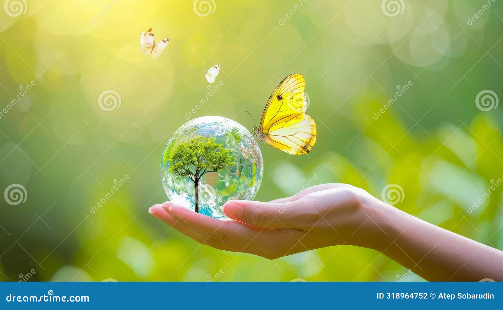 Saving Environment. Earth Crystal Glass Globe and Growing Tree in Human ...